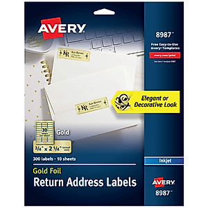 Avery Printable Return Address Labels, 0.75" x 2.25", Gold Foil, 300 Blank Mailing Labels (08987)