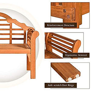 RELAX4LIFE Wooden Garden Bench for Outdoors & Indoor Patio Foldable Bench 4 Ft with Crown-Like Backrest and Curved Armrest Poolside, Porch, Balcony, Garden Eucalyptus Two Person Loveseat Chair