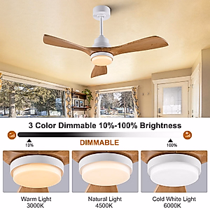 XINGSIYUELYX 42 Inch White Ceiling Fans with Lights and Remote, 3 Blades Wood Ceiling Fan with Light, Dimmable LED Light,Noiseless Reversible Motor, Indoor/Outdoor Fans for Patios Bedroom