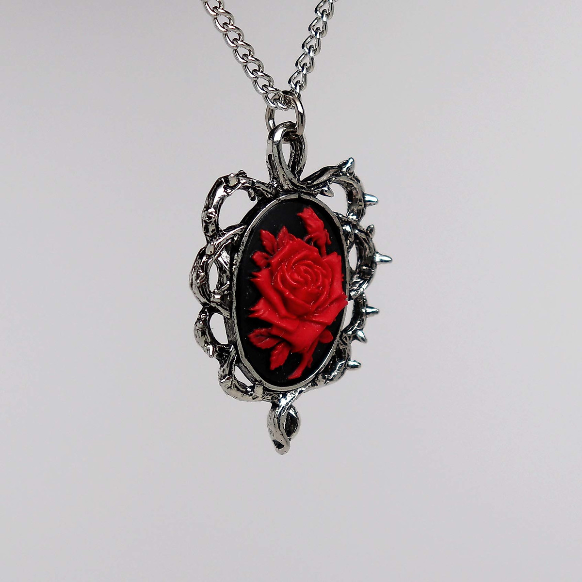 Gothic Red Rose Cameo In Thorns Pendant Necklace