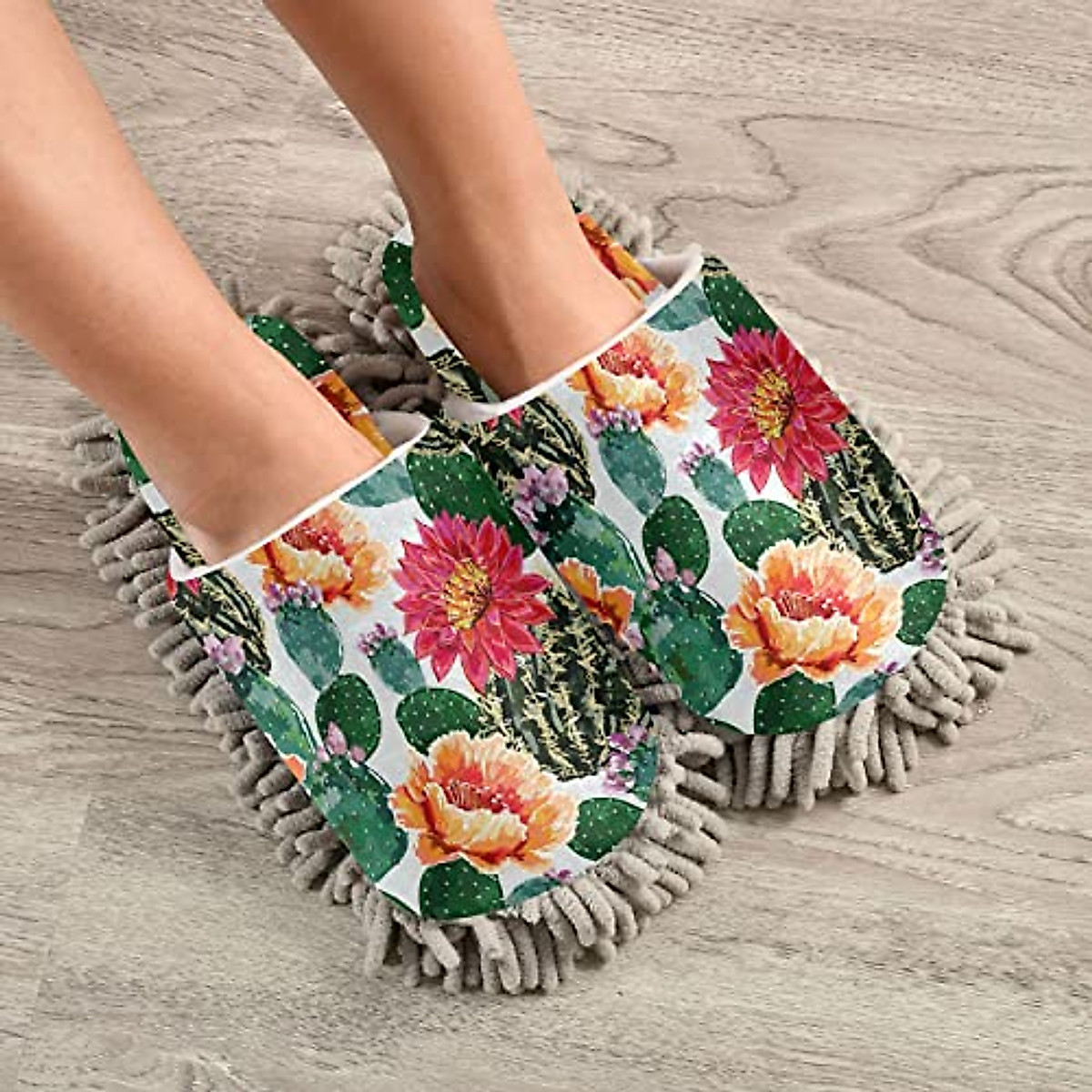 Floral Summer Tropical Cactuses Succulents Mop Slippers Shoes Cover for Floor Cleaning Washable Dust Hair Dirty Cleaners Microfiber Mop Socks for Office House Kitchen