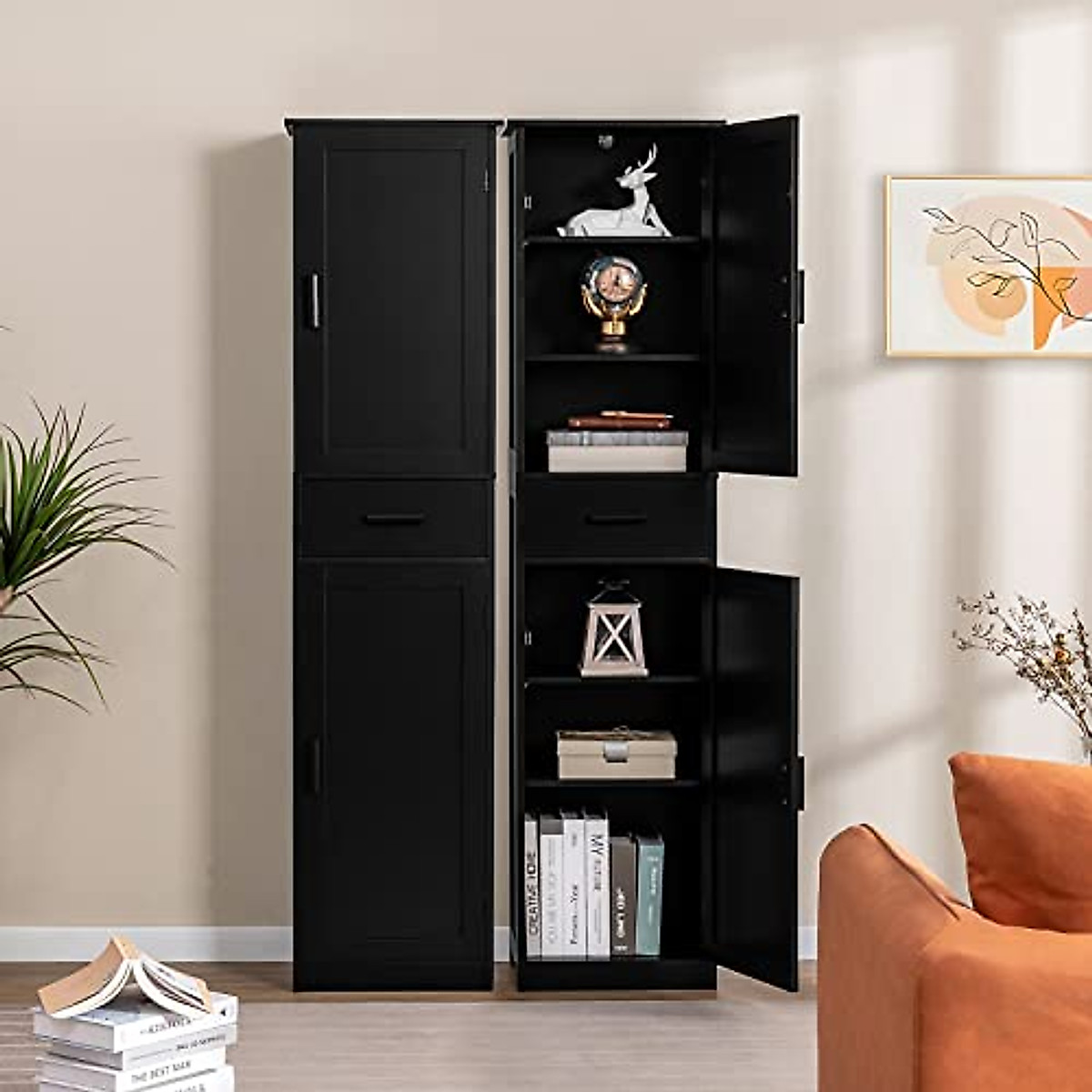 usikey 67" Bathroom Storage Cabinet with 2 Doors & 1 Drawer, Tall Bathroom Cabinet with Adjustable Shelves, Narrow Tall Linen Tower Cabinet for Bathroom, Living Room, Bedroom, Black