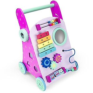 Imagination Generation Pink Push-n-Play Wooden Learning Walker Toy, 10 Fun Activities for Sitting, Standing, & Walking Toddlers