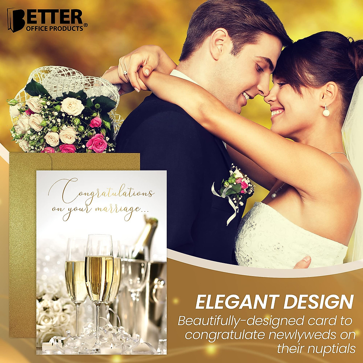 Better Office Products Wedding Congratulations Card with Metallic Gold Foil and Gold Shimmer Envelope, Classic 5 x 7 Inch Size, Heavy Cardstock, High Gloss Finish