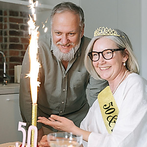 50th Birthday Celebration Set - Gold Pearl Pin, Crown, and Sash - Fabulous Party Favors for Women