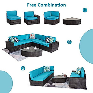 HEYNEMO Outdoor Patio Furniture Sets, 6 Pieces Outdoor Sectional Rattan Sofa, Black PE Wicker Patio Conversation Sets with Washable Cushion and Tempered Glass Table, Straight Arm, Alloy Steel Frame