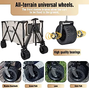 Sainlogic 300L Collapsible Folding Wagon with 450Lbs Large Capacity, Wagons Carts Heavy Duty Foldable with Big All-Terrain Beach Wheels & Drink Holders (Off-white)