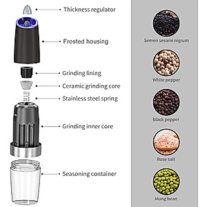 Electric Gravity Salt and Pepper Grinder set of 2, Automatic Salt and Pepper Mill Grinder, Adjustable Roughness, Battery Powered, Blue LED Light, Stainless Steel with One Hand Operation (Black)