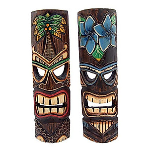 Wowser Hand Crafted Polynesian Hawaiian Style Floral Painted Tiki Masks, Wall Décor, Set of 2 Assorted Colors,19 Inches