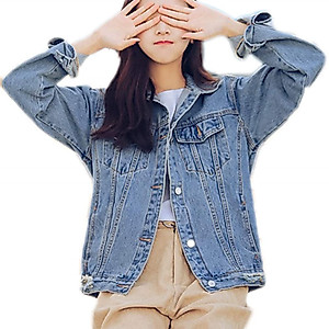 Saukiee Oversized Denim Jacket Distressed Boyfriend Jean Coat Jeans Trucker Jacket for Women Girls Lightblue M