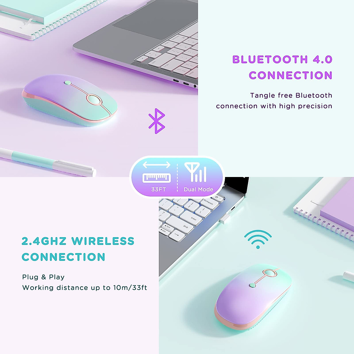 seenda Bluetooth Mouse - Dual Mode (Bluetooth 4.0 + 2.4GHz) Mouse with USB Receiver, Wireless Slim Portable Multi-Device Mice for iPad, MacBook, Laptop, PC (Gradient Mint Green to Purple)