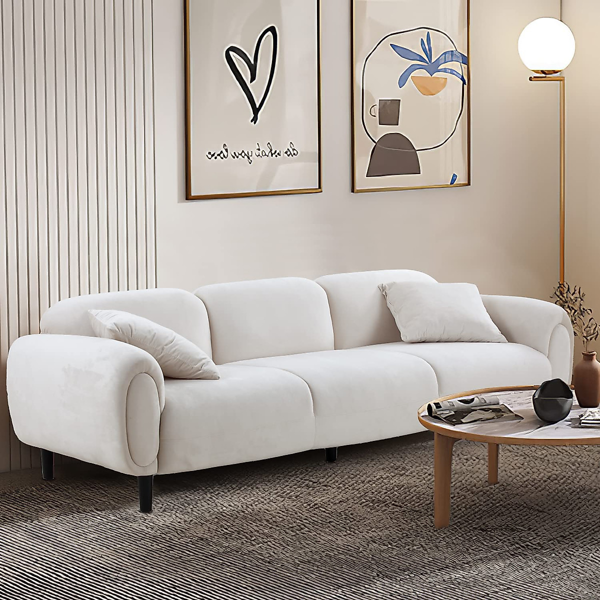 kevinplus 84'' Beige Velvet Sofa Couch for Living Room, Modern Mid-Century Cute 3 Seater Sofa with 2 Pillows, Small Sofa Couch for Bedroom Apartment Small Space, Solid Wooden Legs, Beige