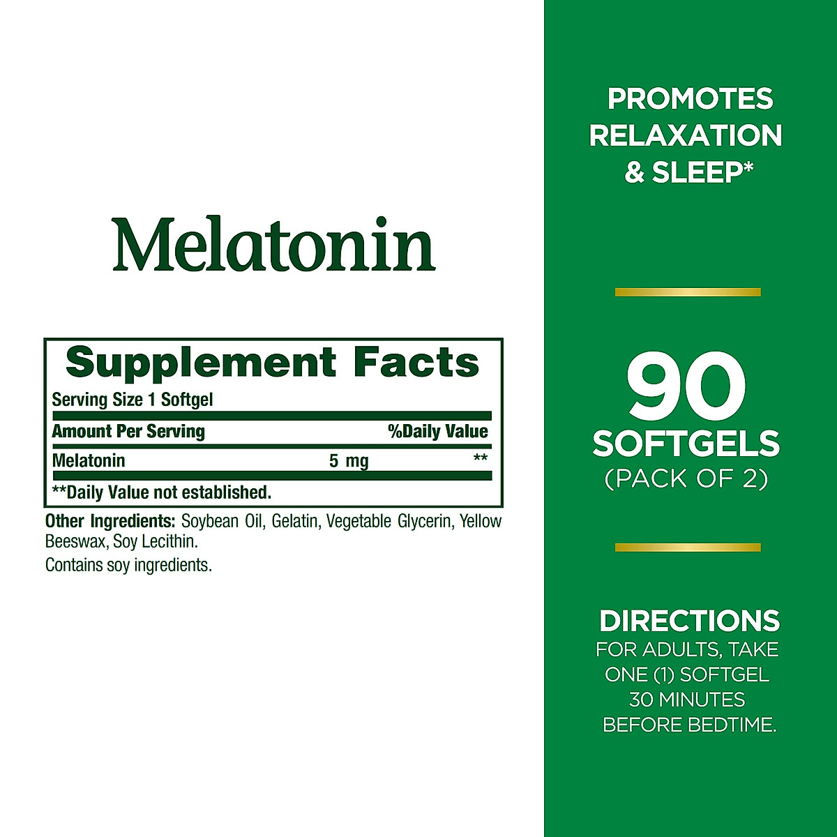 Nature's Bounty Melatonin, 100% Drug Free Sleep Aid, Dietary Supplement, Promotes Relaxation and Sleep Health, 5mg, 90 Softgels (Pack of 2)