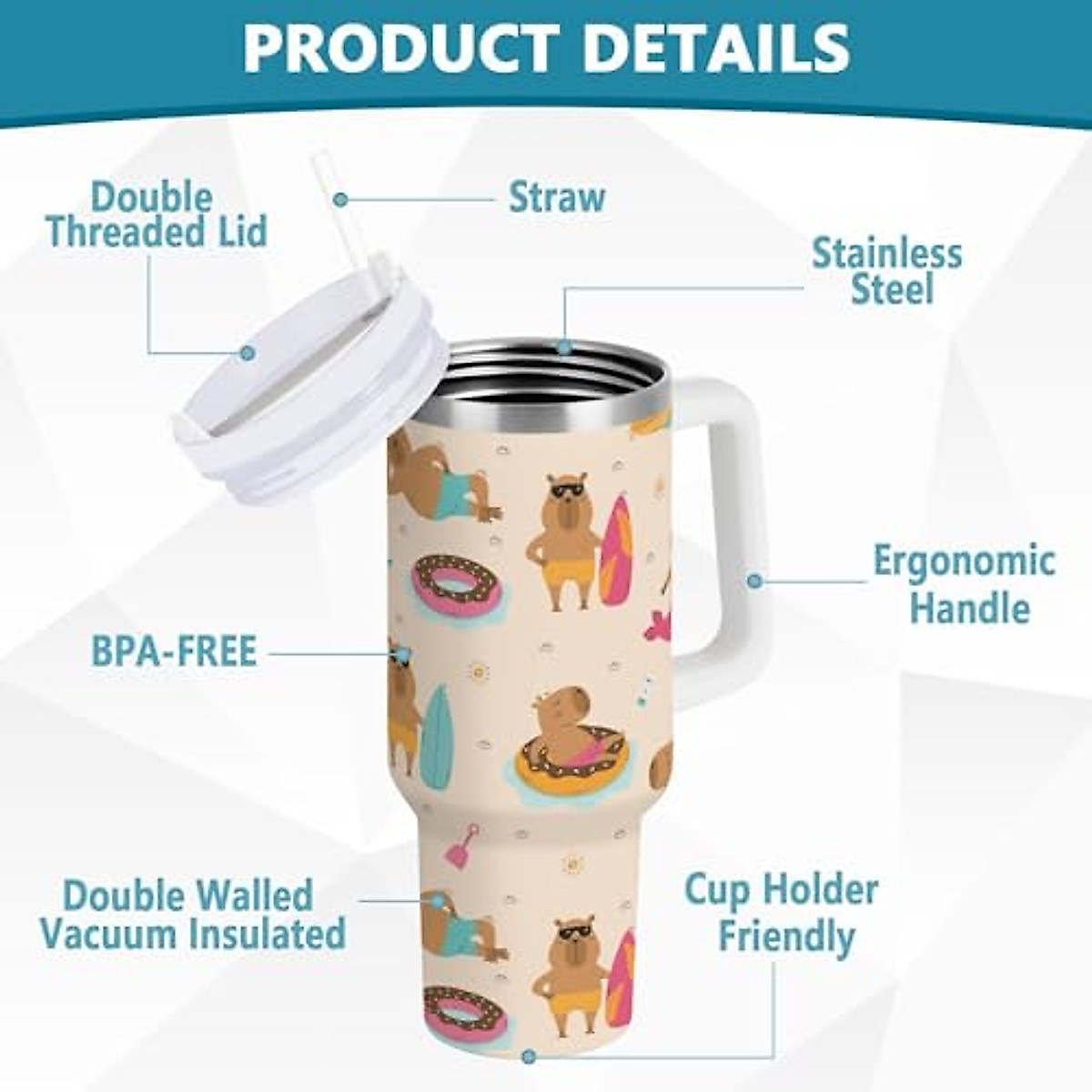 DIGTIA Stainless Steel Insulated Tumbler w/Handle & Straw, Capybara Swimming Ring Double Wall Vacuum Travel Coffee Mug Cup w/Lid, Leak-Proof Sports Summer Water Bottle,30oz