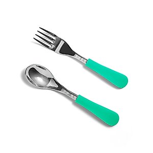 Avanchy Baby Spoons and Forks Stainless Steel and Silicone Set, Self Feeding Food Utensils, 4 Months Baby Led Weaning, 2 Pack, Green Spoon, Fork