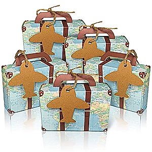 CHolic 50Pcs Party Favor Candy Box, World Map Mini Suitcase Favor Box, Vintage Kraft Paper with Tags and Burlap Twine for Travel Themed Party, Bridal Shower, Wedding Decorations