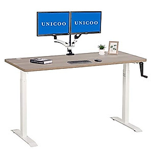 UNICOO – Primum Quality 55.12 x 27.6 Inch Crank Height Adjustable Standing Desk, Sit to Stand up Desk, Home Office Computer Table (White Frame/Ancient Oak Top-55IN-Crank)