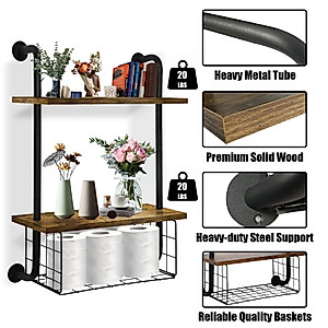 GILPWA 2-Tier Bathroom Shelves Wall Mounted, Floating Shelving Retro Pipe Shelf with Basket, Easy Assemble Industrial Pipe Shelving, Anti-Rust Wall Shelves for Living Room, Kitchen 31.9 * 16.9 inch