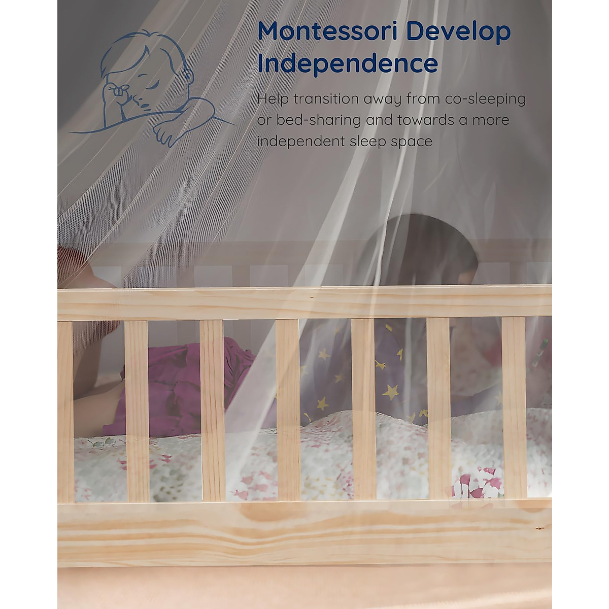 Tatub Twin Montessori Floor Bed Frame with Railings and Roof, Montessori House Bed for Kids, Wood Tent Floor Bed, Montessori Teepee Bed for Girls and Boys, Nature