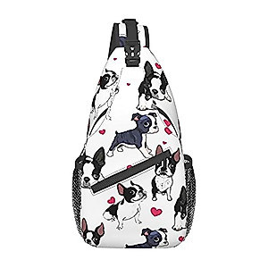 Boston Terrier Red Heart Dog Chest Pack Sling Chest Bag Multipurpose Casual Chest Shoulder Backpack for Men Women