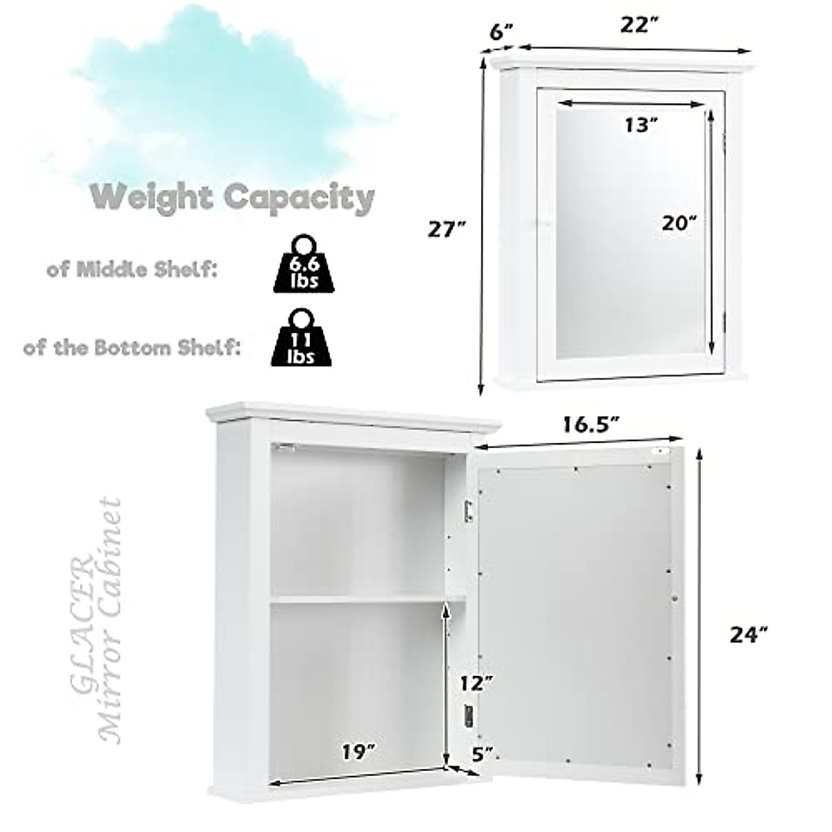 GLACER Bathroom Mirror Cabinet, Wall Mounted Storage Cabinet with Mirror Door and Adjustable Shelf, Mirrored Medicine Cabinet for Bathroom, Living Room, Cloakroom, 22 x 6 x 27.5 inches (White)