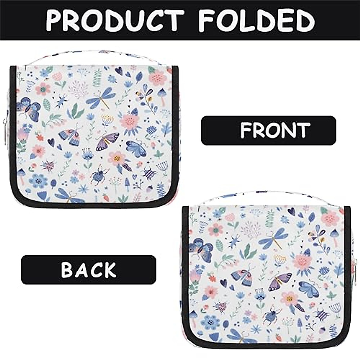 POFATO Butterfly Dragonfly Insect Pattern Travel Toiletry Bag Cosmetic Makeup Bag for Women Men Hanging Hook Wash Toiletries Portable Toiletry Bags Organizer