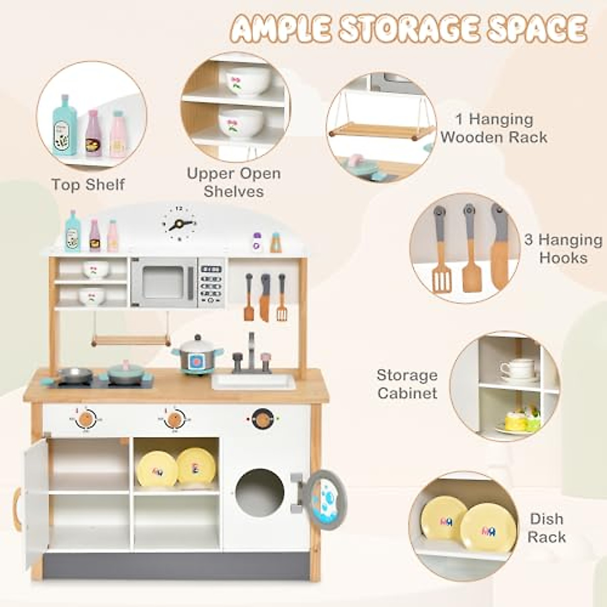 Costzon Kids Kitchen Playset, Wooden Pretend Cooking Toy with Sink & Faucet, Microwave, Dish Rack, Washing Machine, Play Kitchen with 15 PCS Toy Accessories for Toddlers, Gift for Boys Girls 3+