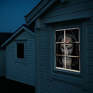 Halloween Window Cover Decorations, Fabric The Nun Creepy Halloween Curtain Horror Movie Poster Window Door Covering Decor for Haunted House, Scary Halloween Window Clings Decals Indoor Outdoor