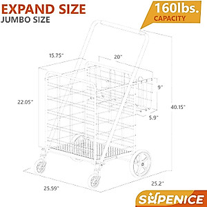 Supenice Jumbo Shopping Cart with Double Basket Grocery Cart Deluxe Folding Shopping Cart 360°Rolling Swivel Bearing Wheels Super Loading Utility Cart for Laundry, Grocery, Luggage