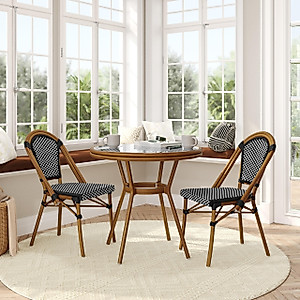 Flash Furniture Bordeaux Indoor/Outdoor Commercial Bistro Set - Tempered Glass Top Table - 2 Chairs - PE Rattan - NAT Bamboo Print Aluminum Frame - Black/White