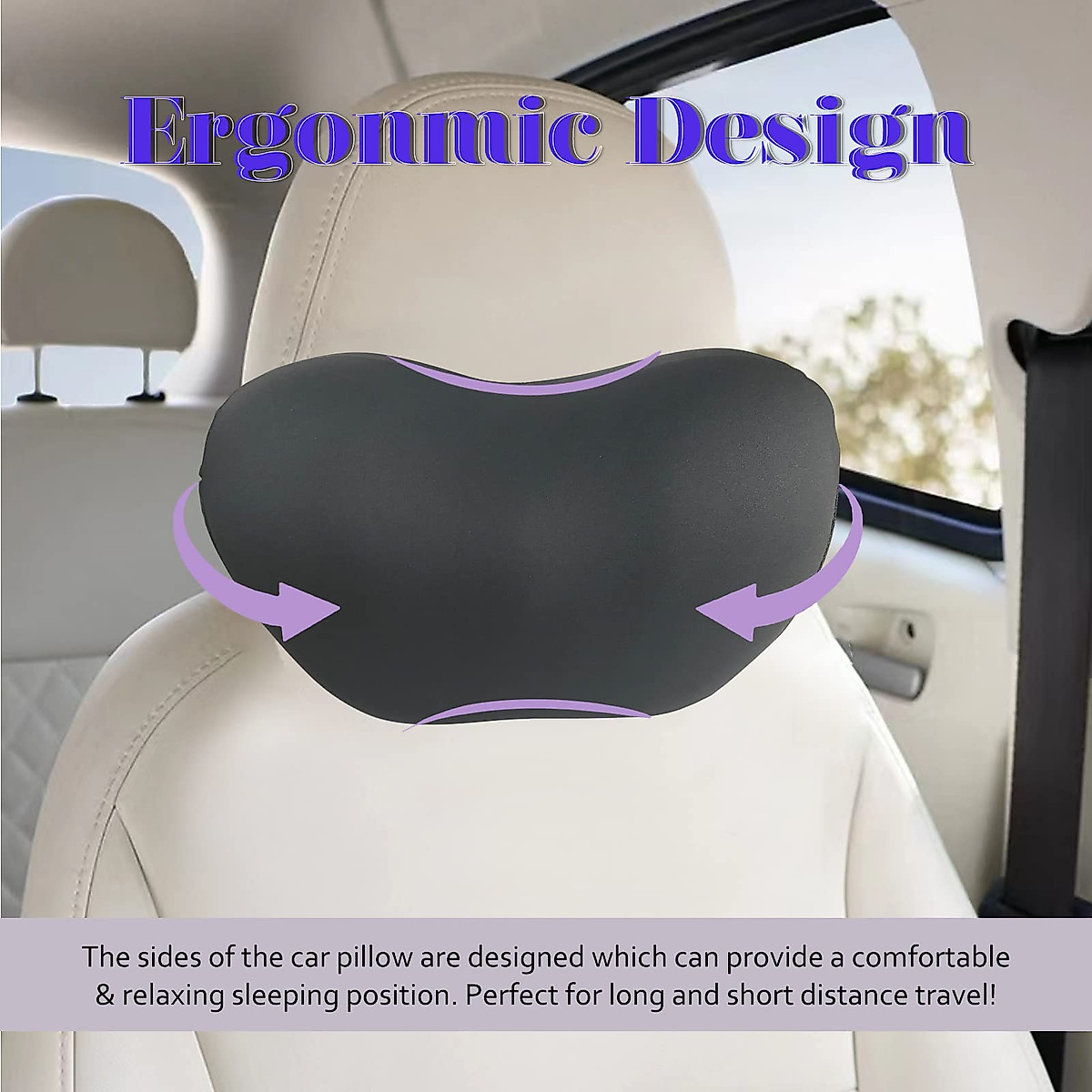 Support Travel Car Headrest Pillow, 100% Memory Foam Car Pillow, Adjustable Strap & Breathable Removable Cover, Ergonomic Design Neck Pillow - Car Neck Pillow for Driving/Neck Pain Relief(Black, 1P)