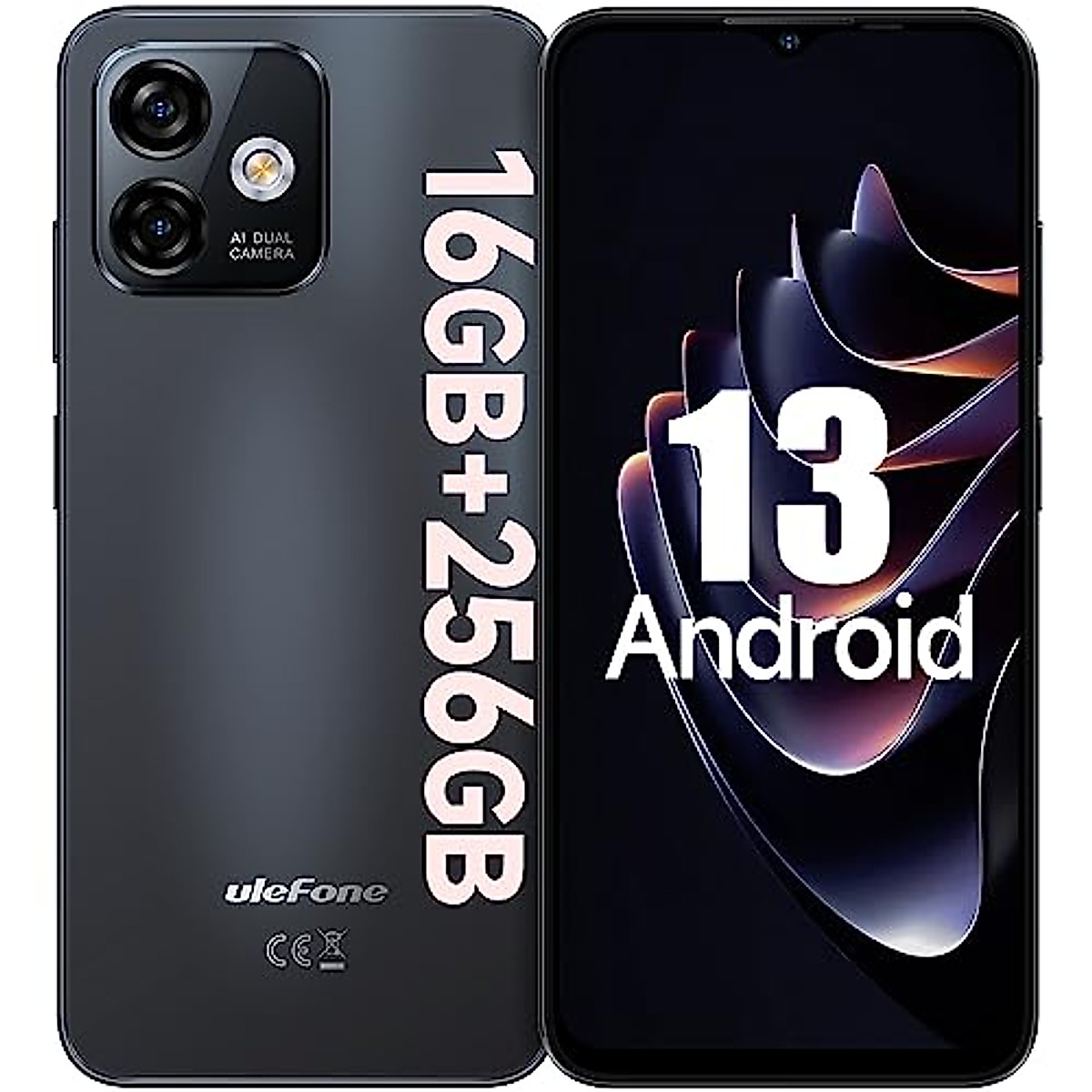 Ulefone Note 16 Pro Mobile Phones (16GB+256GB) Android 13 50MP Camera Octa Core Smartphone Unlocked 6.52” Waterdrop Screen, 4400mAh 4G Dual SIM Fingerprint Face ID GPS OTG, Globla Version- Black