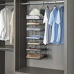 Yuyetuyo 7-Shelf Adjustable Hanging Closet Organizer, Wall Mount Clothes Shelves with 6 Adjustable Dividers for Socks Clothing Sweaters Shoes Handbags,Black