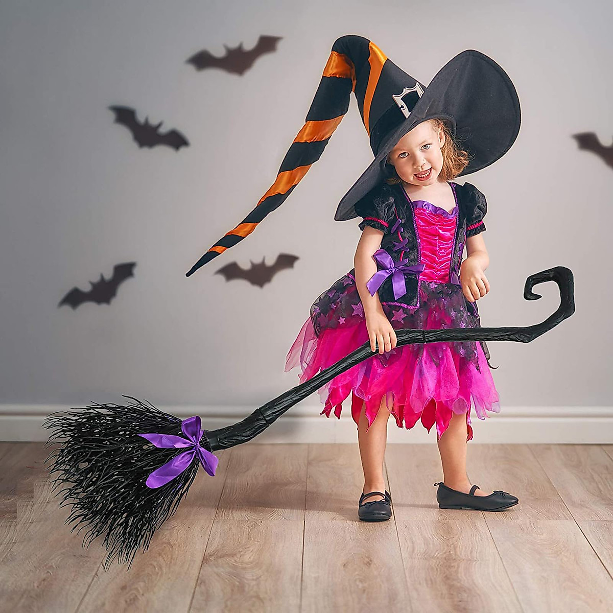 Witch Broom with Ribbon, Halloween Decoration Party Favor Photo Booth Accessories (Black, 130cm*25cm)
