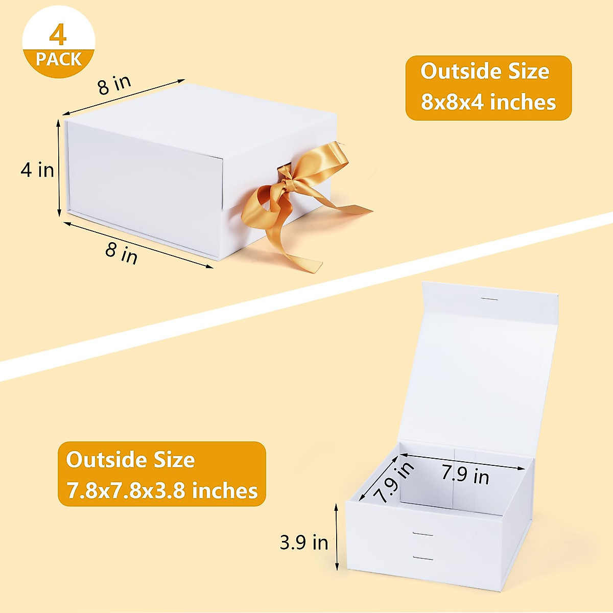 Giftgarden 4 Pack 8”x8”x4” White Gift Boxes with Ribbon Magnetic Lids, Collapsible Square Gift Wrap Box Magnet Clourse for Present, Christmas, Birthday, Wedding, Valentines, Bridesmaid Proposal Box