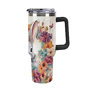 40 Oz Vacuum Tumbler with Black Handle Leakproof Insulated Tumbler Watercolor Rabbit And Flowers Stainless Steel Travel Mug with Lid And Straw Coffee Cup Cute Water Bottles Cup Holder Friendly