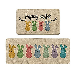 Artoid Mode Happy Easter Rabbits Decorative Kitchen Mats Set of 2, Home Seasonal Spring Easter Holiday Holiday Party Low-Profile Floor Mat - 17x29 and 17x47 Inch