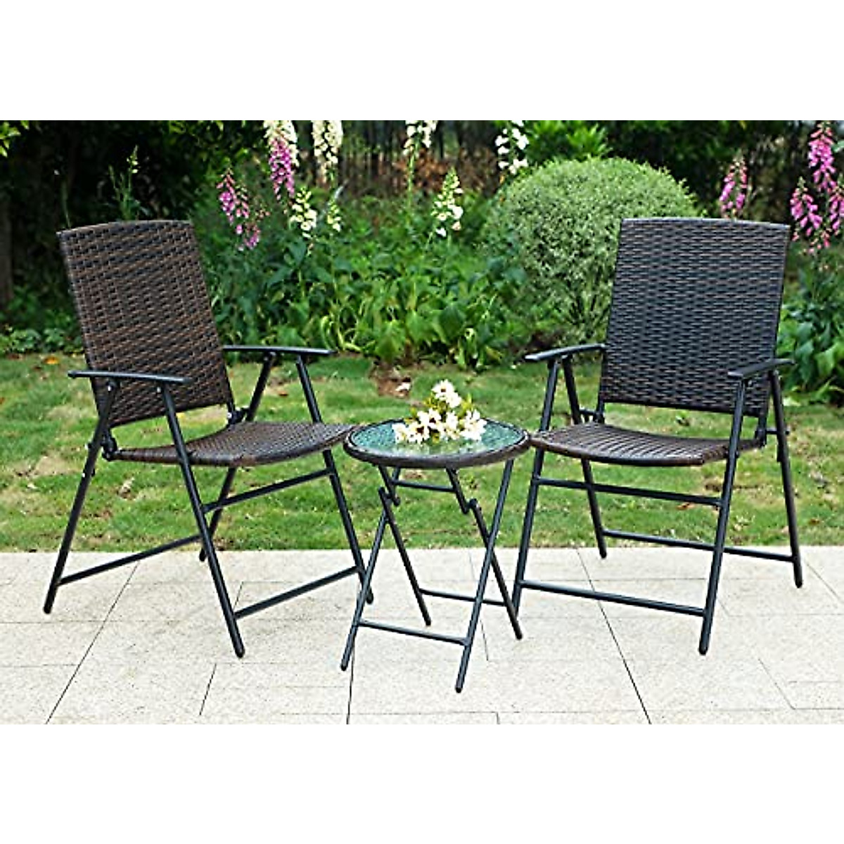 PHI VILLA Rattan Patio Bistro Set,3 Pieces Folding Outdoor Patio Wicker Bistro Set,Patio Table and Chairs Set for Garden,Backyard, Lawn, Porch, Poolside and Balcony,Rattan Style