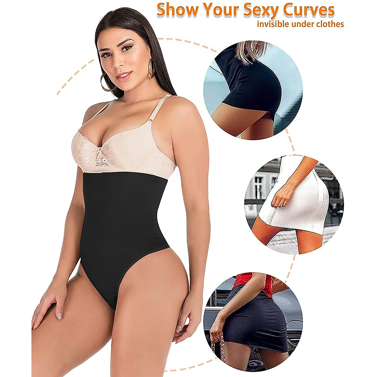 FLORATA Women's Thong Shapewear Tummy Control Butt Lifting Panties High Waist Body Shaper Briefs Black