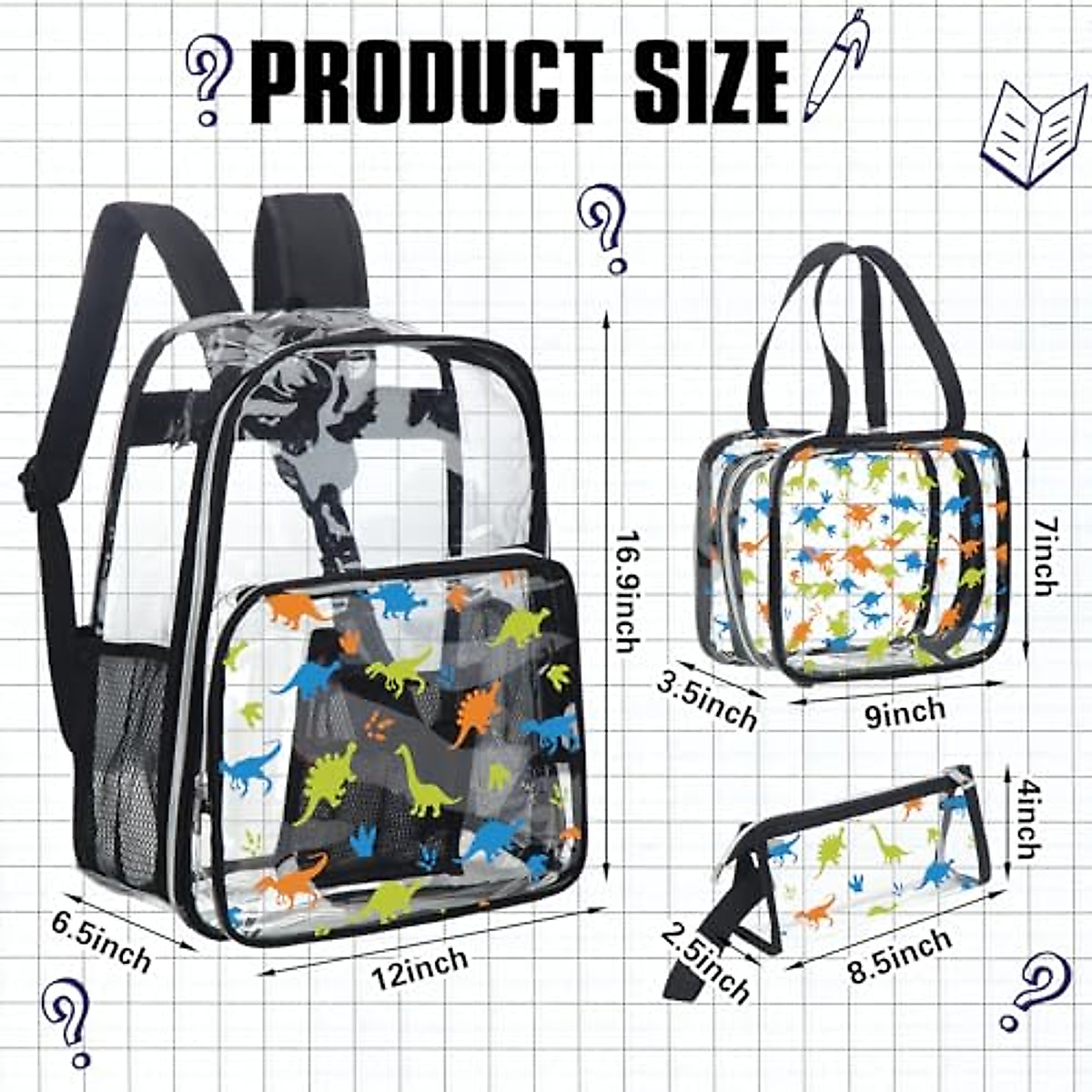 Kacctyen 3 Pcs Pink Clear Backpack for Girl Boy Kid Heavy Duty School Clear Bookbag Transparent Backpack with Lunch Bag(Black,Dinosaur)