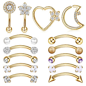 Drperfect Rook Daith Piercing Jewelry 16G Surgical Steel 8mm Curved Barbell Eyebrow Rings Helix Tragus Snug Lip Belly Button Piercing Heart Moon Daith Rook Earrings for Women Men