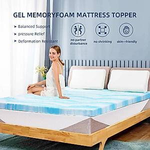 Opoiar 2 Inch Cooling Gel Memory Foam Mattress Topper in a Box, Medium Firm Mattress Topper for Pressure Relief & Temperature Regulation,CertiPUR-US Certified, Blue&White(Queen)