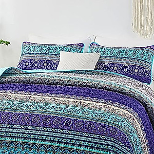 WONGS BEDDING Boho Quilt Set California King, Purple Bohemian Striped Pattern Printed Quilt Coverlet, Lightweight Microfiber Bed Decor Bedspread for All Season 106"x96"(3 Pieces, Cal King)