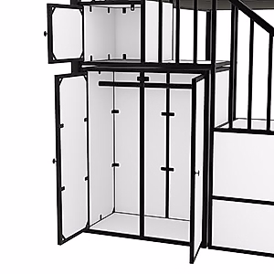 BOVZA Castle Shaped Bunk Bed with Wardrobe and Multiple Storage, Twin Over Twin Metal Bunk Bed Frame with Storage Staircase and Guardrails for Kids Boys Girls Teens, Black+White
