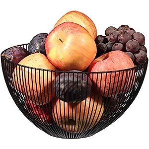 Cq acrylic Metal Wire Fruit Basket,Large Round Storage Baskets for Bread,Metal Wire Bread Fruit Bowl Vegetable Stand Holder for Snacks,Modern Fruit Bowl Decorate Kitchen Counter,Black