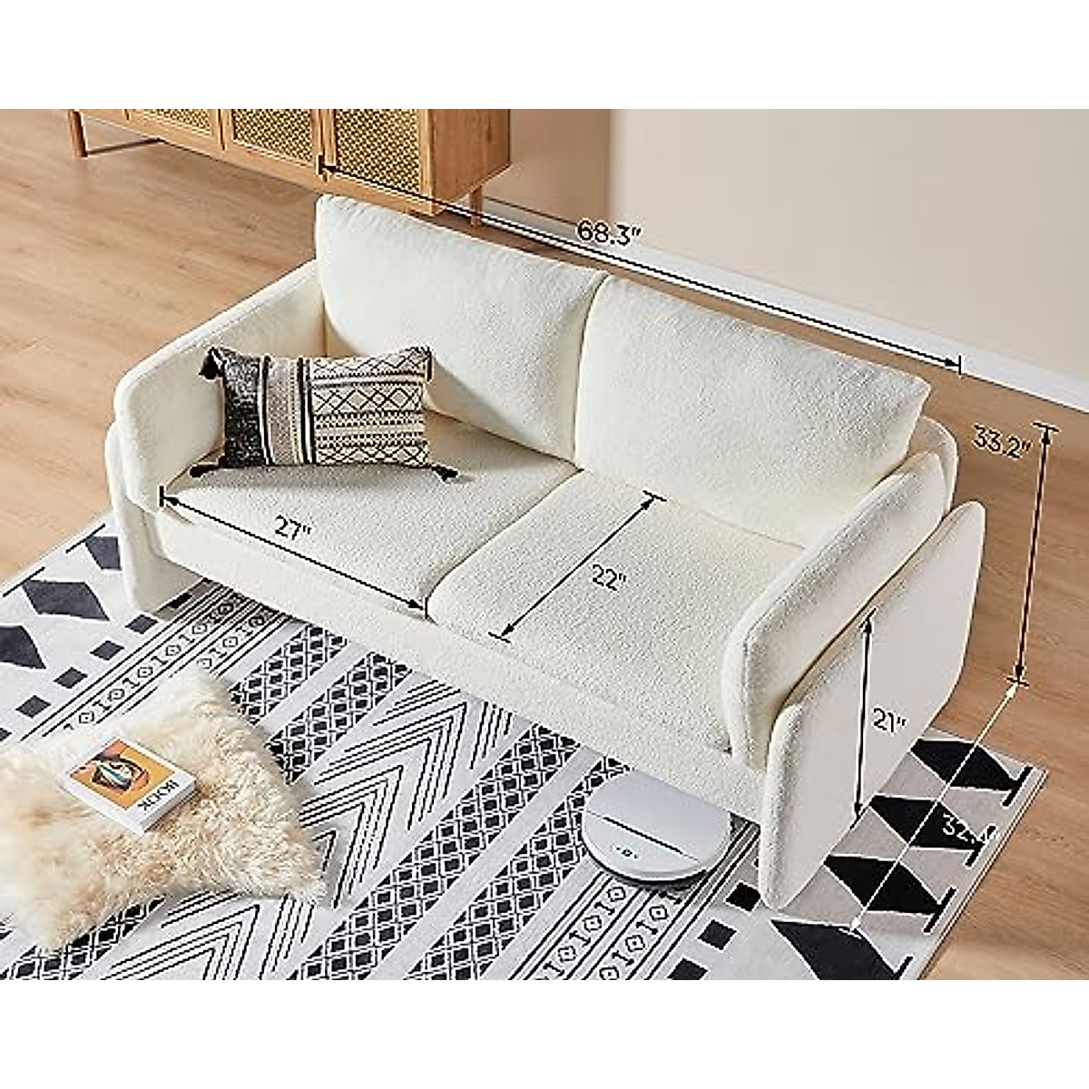 VanAcc Sofa, Modern Couch- Comfy Sofa Couch in Offwhite Bouclé with Embedded Armrest, 3-Seater Couch for Living Room