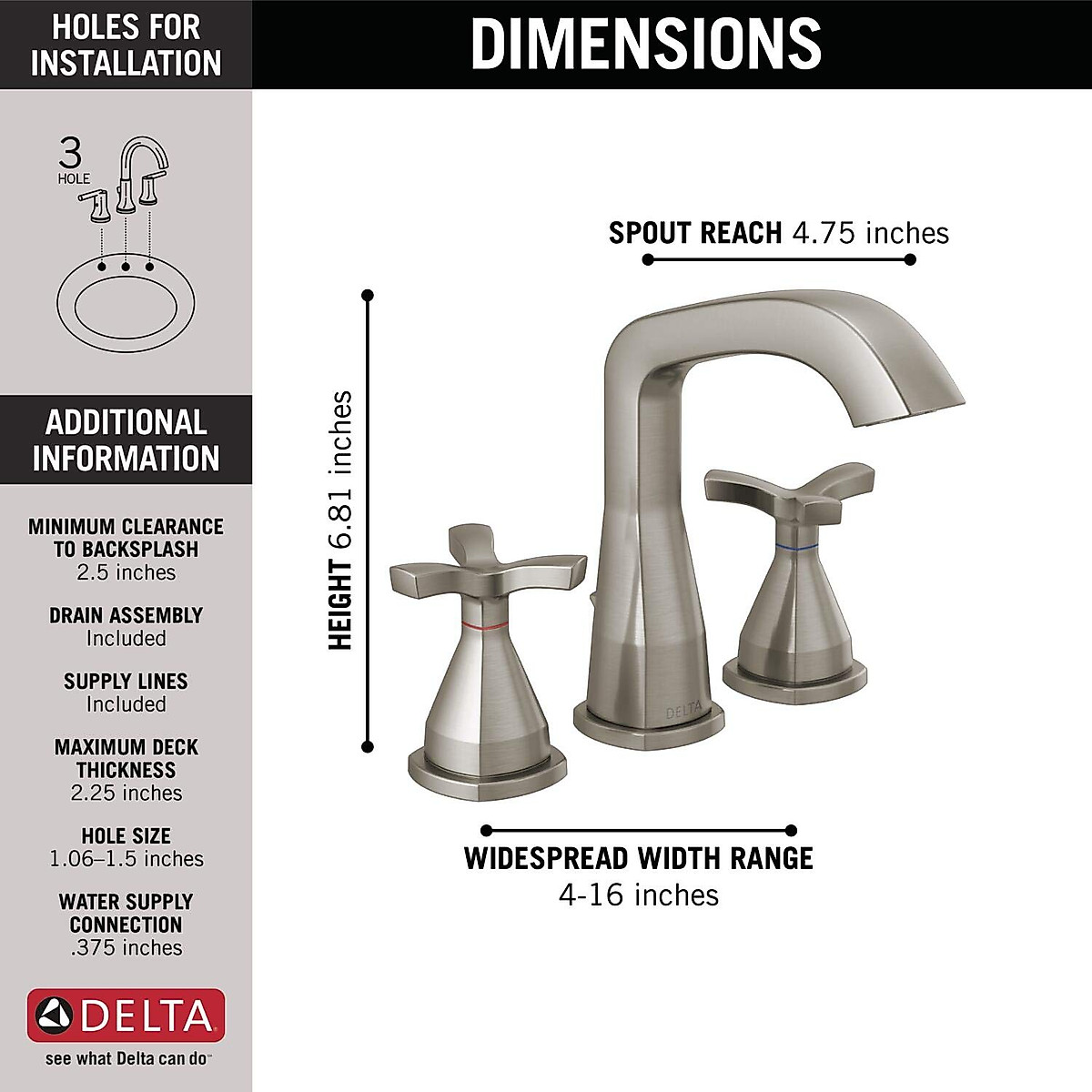 Delta Faucet Stryke Widespread Bathroom Faucet Brushed Nickel, Bathroom Faucet 3 Hole with Cross Handles, Diamond Seal Technology, Metal Drain Assembly, Stainless 357766-SSMPU-DST