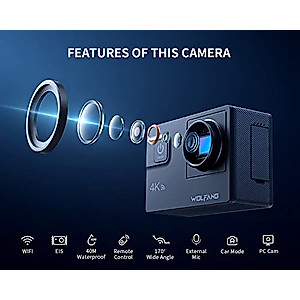 WOLFANG GA300 4K60FPS Action Camera 24MP Waterproof 40M Underwater Camera EIS Stabilization WiFi Wide Angle Helmet Camera (External Microphone, Remote Control, 2x1350mAh Batteries and Accessory Kit)