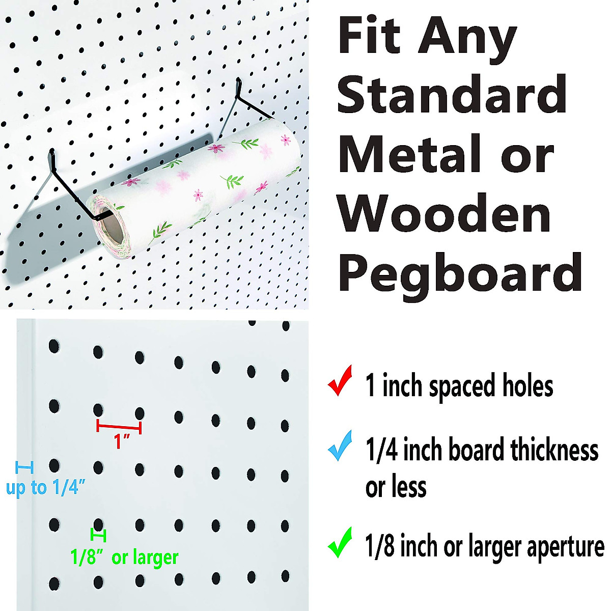 Paper Towel Holder for Pegboard, Extendable, Fit Any Standard Pegboard, 4 Packs, Black