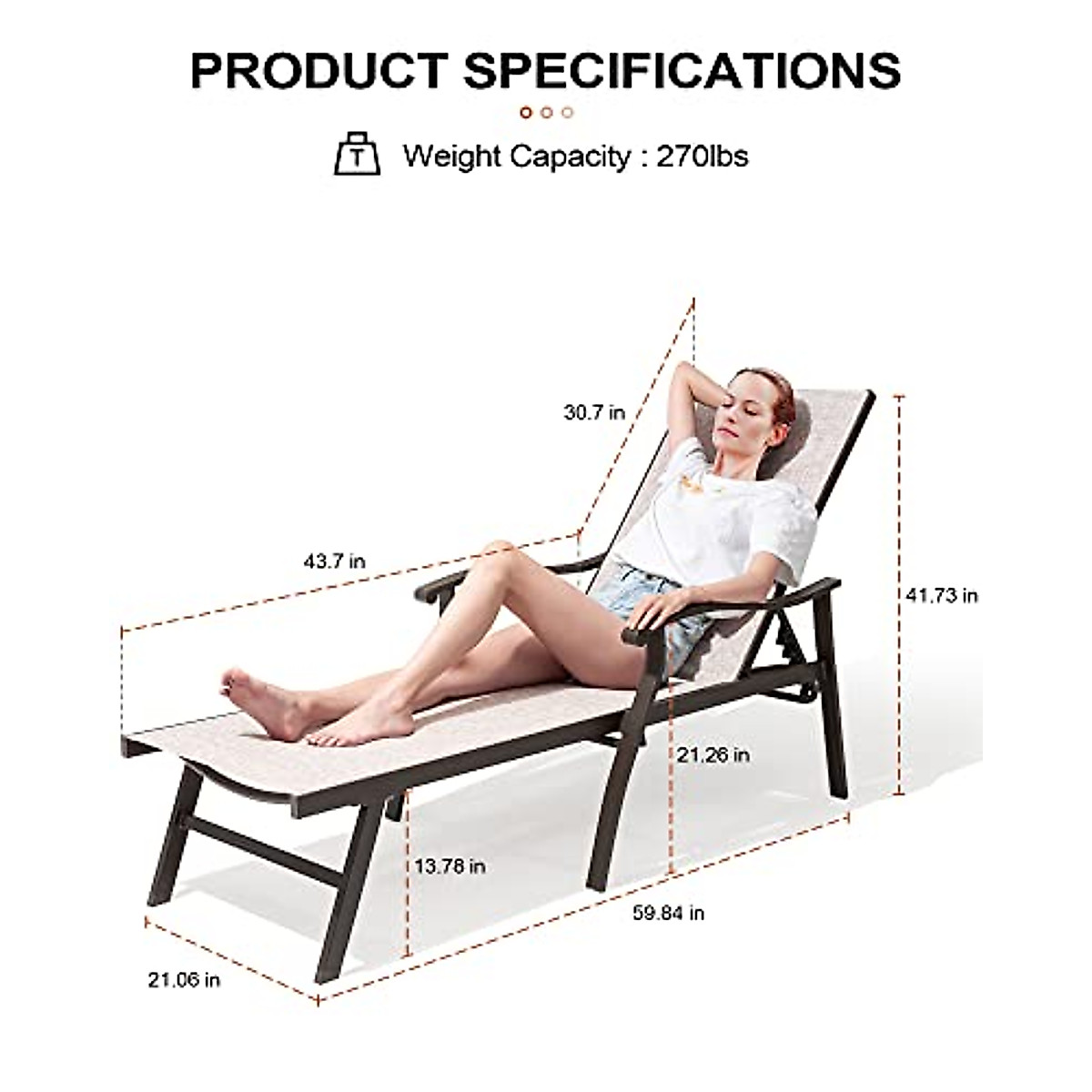 Crestlive Products Aluminum Adjustable Chaise Lounge Chair Five-Position and Full Flat Outdoor Recliner All Weather for Patio, Beach, Yard, Pool (2PCS Beige)